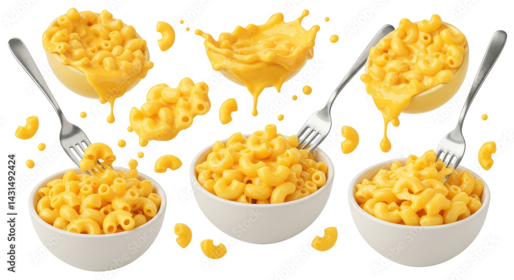 Bowls of mac & cheese and forks hover on a transparent background ...