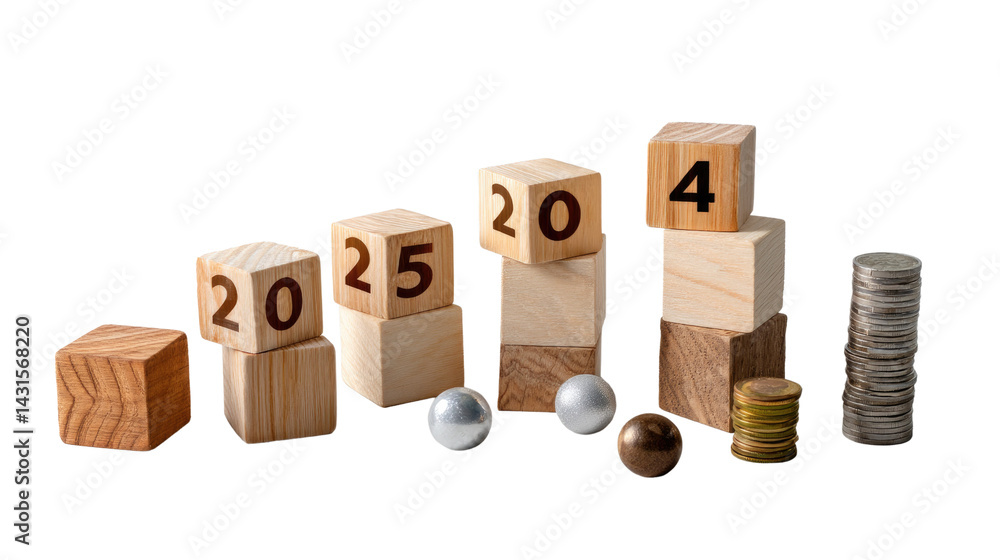 Time's Progression: Wooden blocks displaying the numbers, 2024, 2025 ... Time's Progression: Wooden blocks displaying the numbers, 2024, 2025 ...