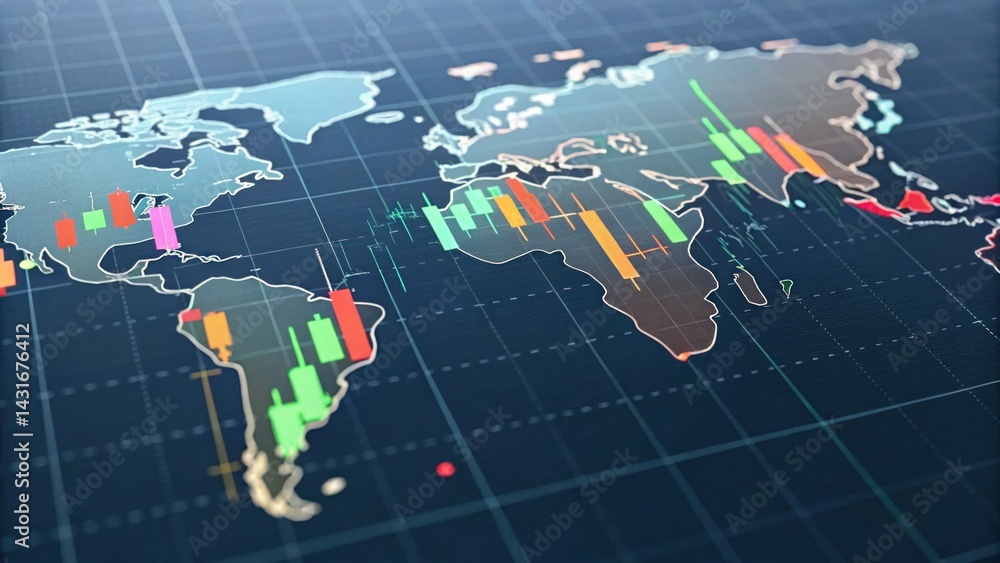 Global market analysis depicted with candlestick charts over a world map illustration Stock ...