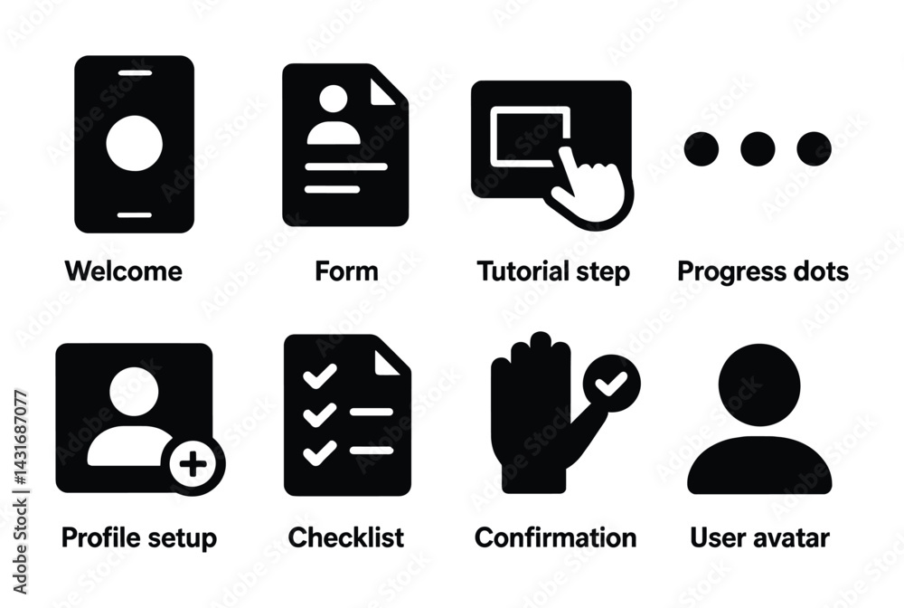 User interface solid icon set – flat style ui, ux, and digital workflow symbols: welcome, form ...