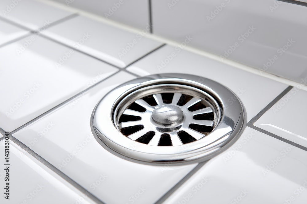 Chrome Sink Drain in White Tile - Close-up view of a shiny chrome sink ...