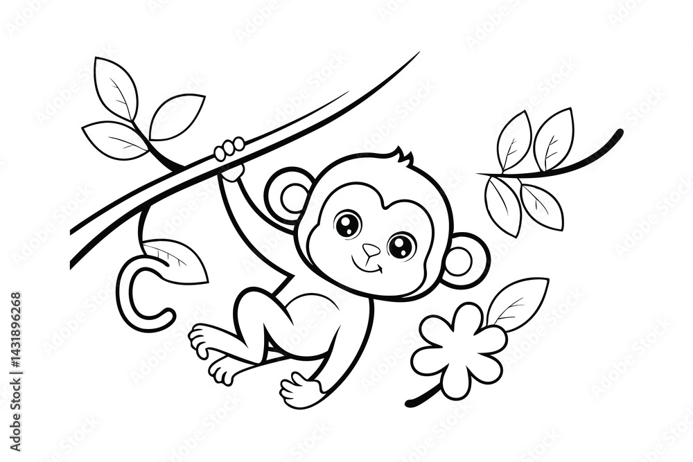Cute monkey hanging on vine black and white line art illustration for ...