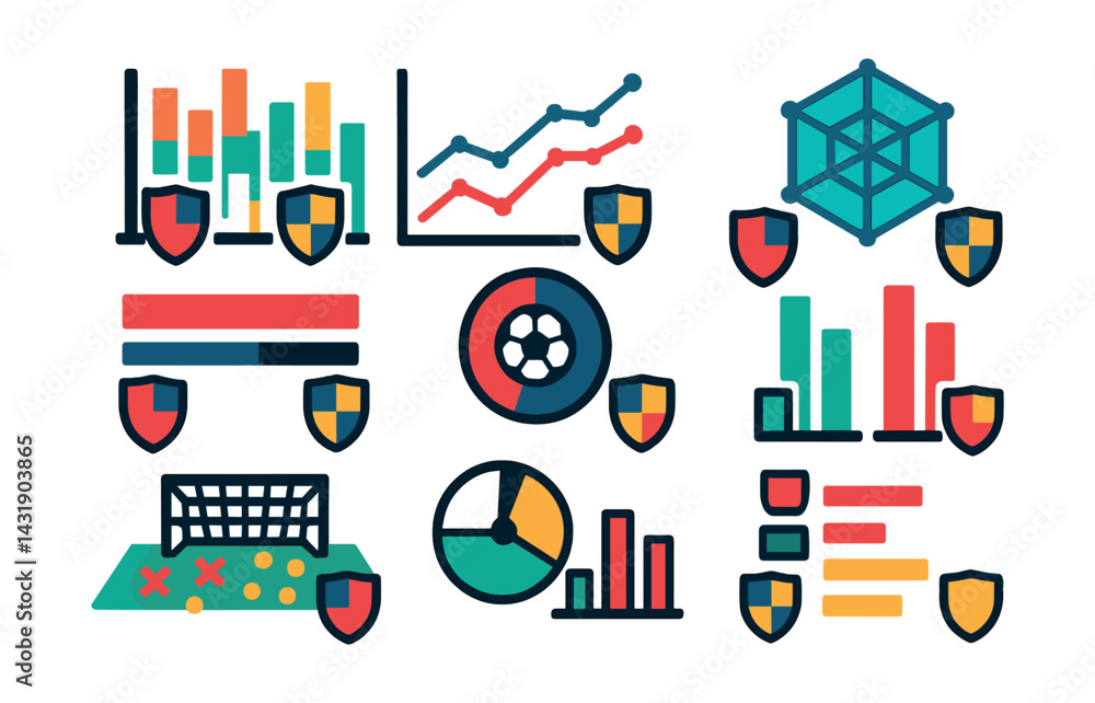 Flat vector icons of team comparison charts: bar chart with logos, line ...
