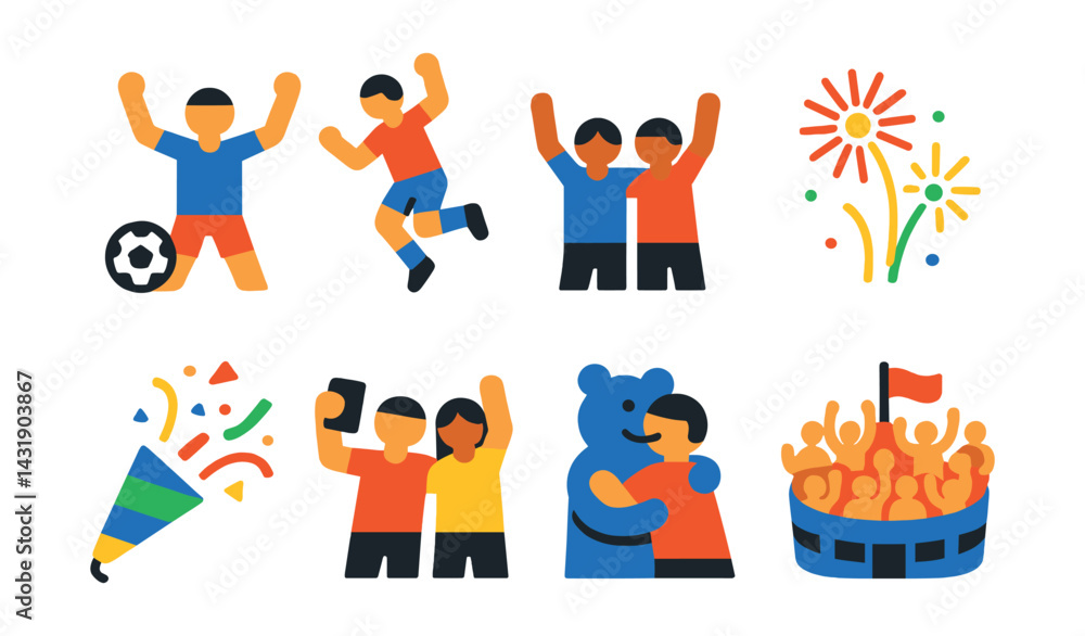 Flat vector icons of match celebration: goal cheer, jump animation ...