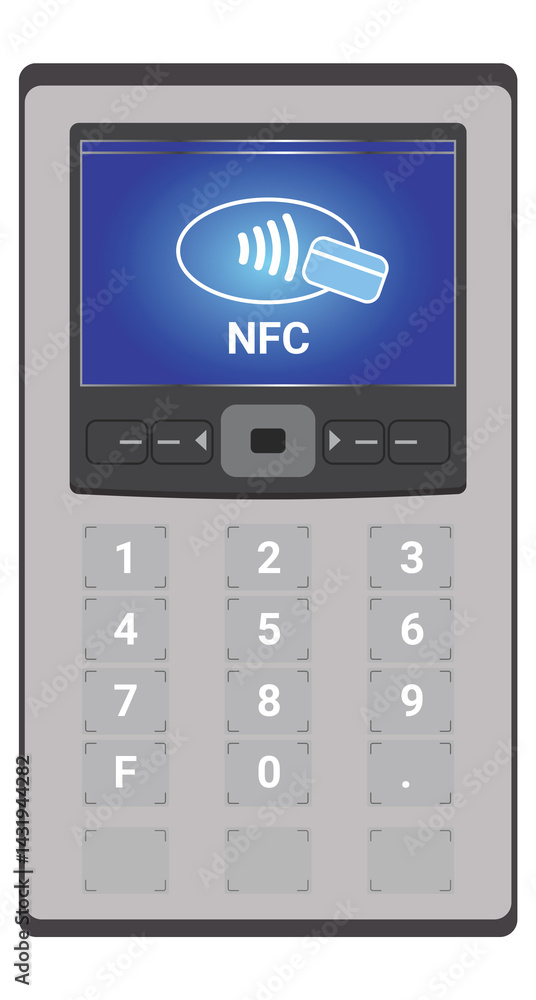 Interface of touchscreen payment terminal with NFC sign and digital PIN ...