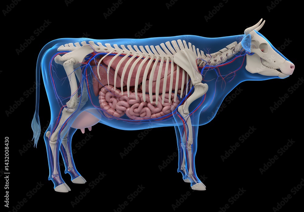 Cow anatomy illustration showing skeletal structure internal organs and ...