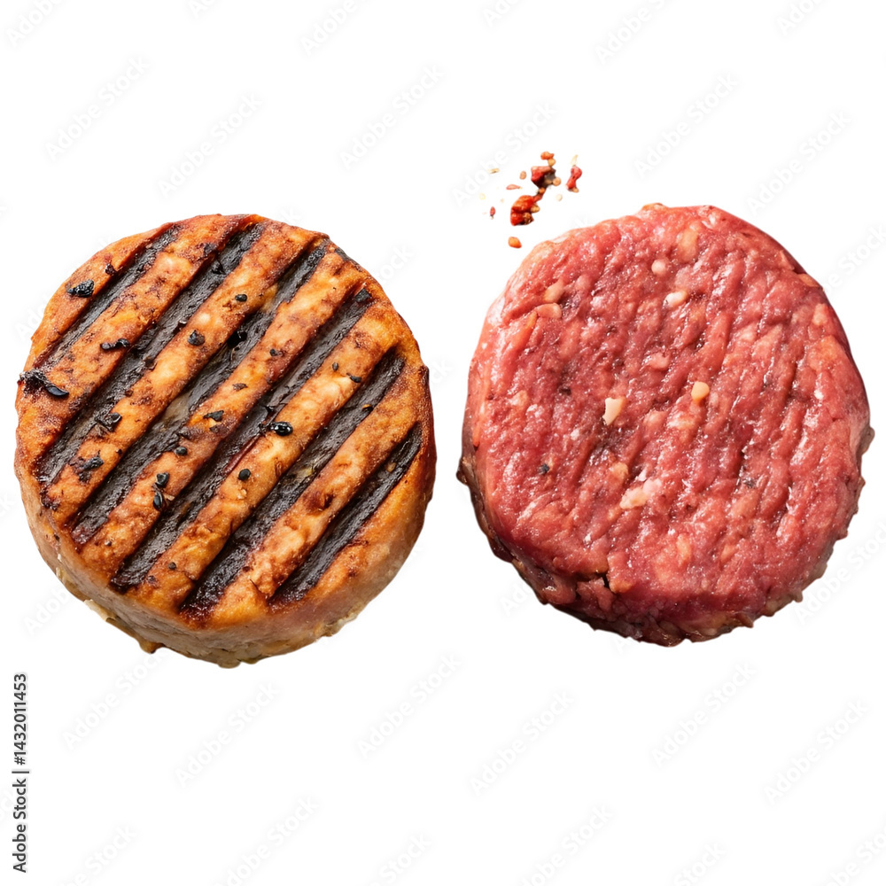 Side-by-side comparison of two hamburger patties, one raw and one ...
