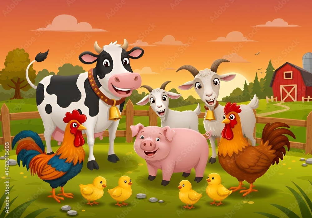 Cartoon farm animals illustration featuring cow pig goat chickens and ...