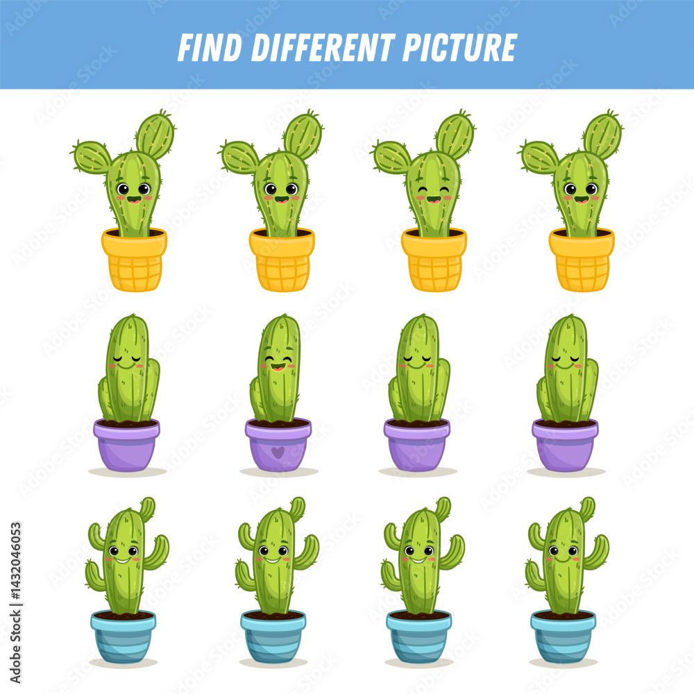 Find different cactus picture in each row. Logical game for kids ...