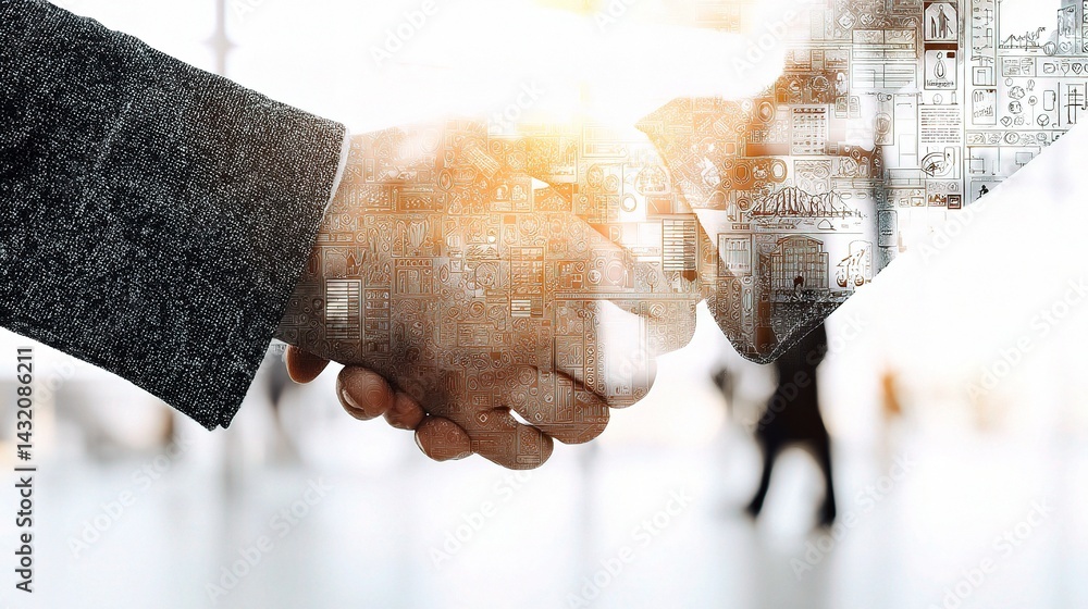 Double Exposure Handshake in Corporate Tower Lobby Setting Stock ...