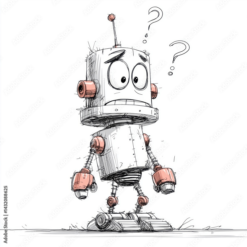 Cute cartoon robot with a confused expression and question marks above ...