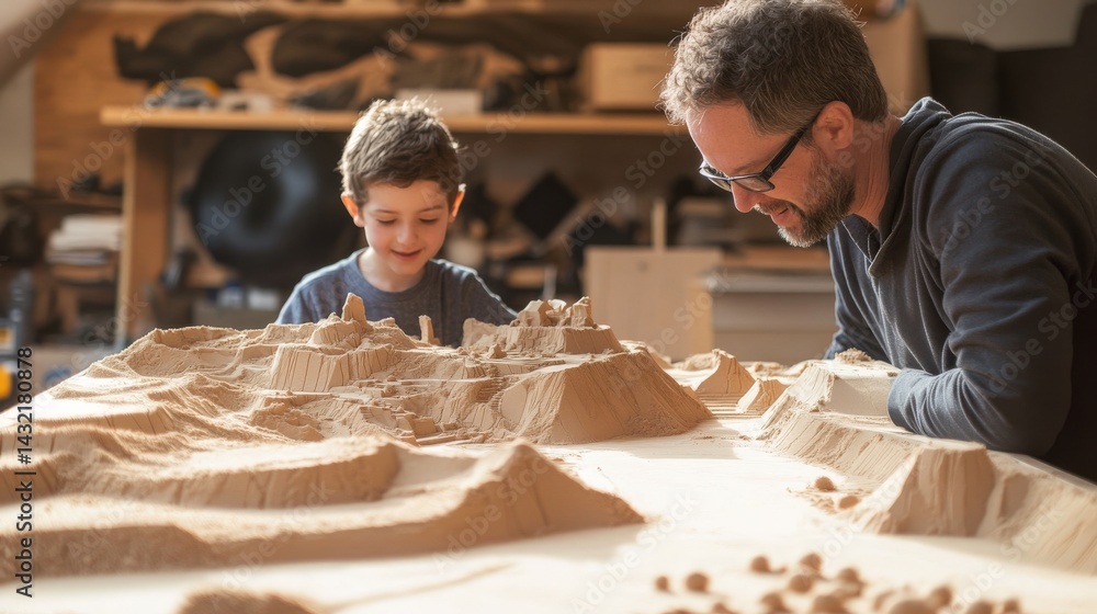 Father and son collaborate on a sand art terrain model. Stock ...