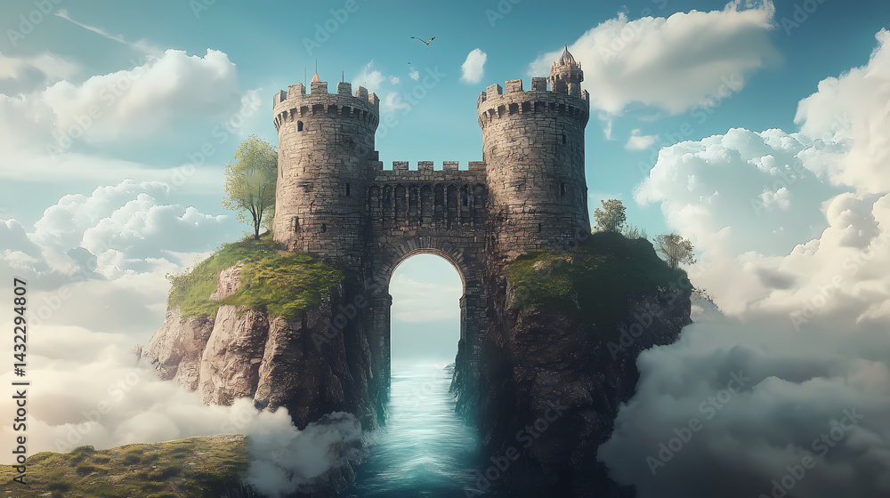 Castle gate leading to a chasm where a floating island hovers. Chasm ...