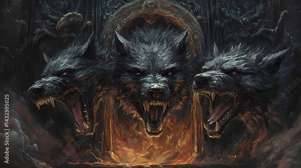 Cerberus show cerberus guarding the gates of the underworld, his three ...