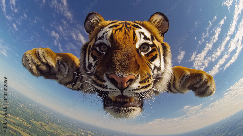 Tiger skydiving selfie surreal animal humor concept flying above clouds ...
