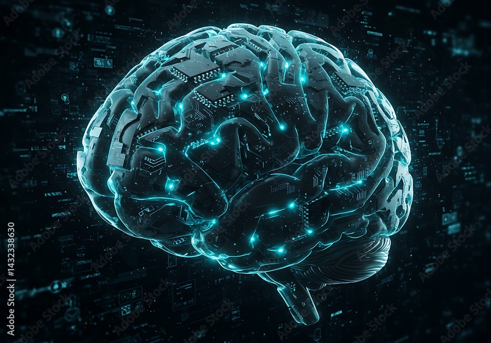 Technological brain with illuminated circuits representing artificial ...