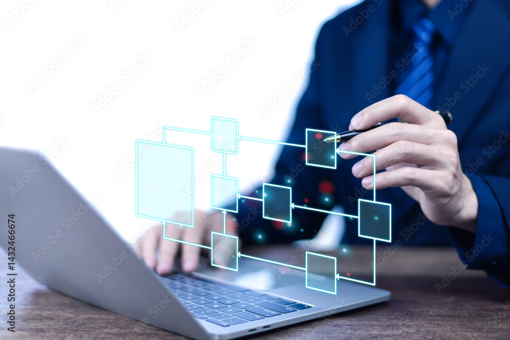 Business process diagram, white background. Automation workflow design concept with process ...