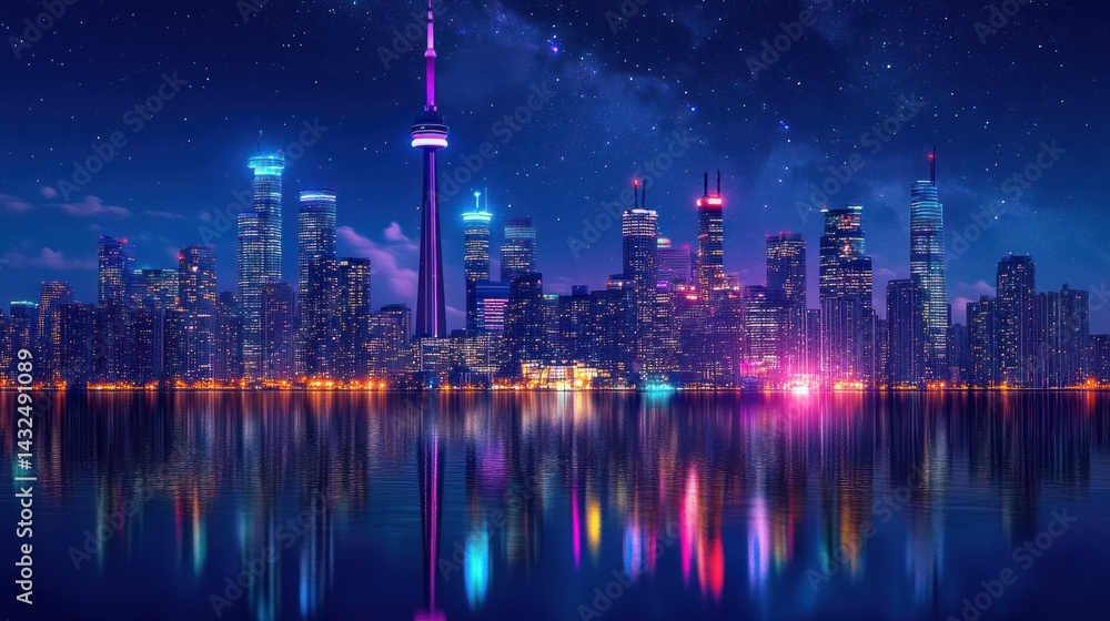 Nightscape of Toronto Skyline Reflecting in Lake Ontario Under a Starry ...
