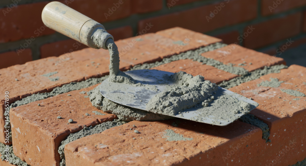Mason trowel with cement mortar on red brick masonry. Troweling wet ...