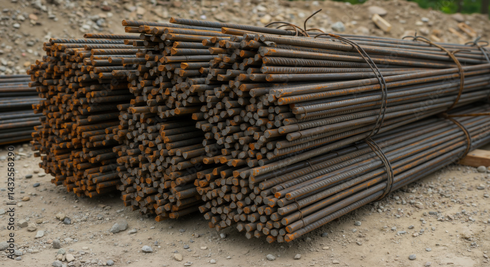 Photo Stock Bundle of steel reinforcement bars with rust patina on ...