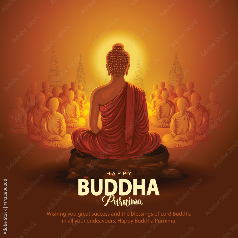 Happy Vesak Day, Buddha Purnima wishes greetings with buddha illustration. Can be used for ...