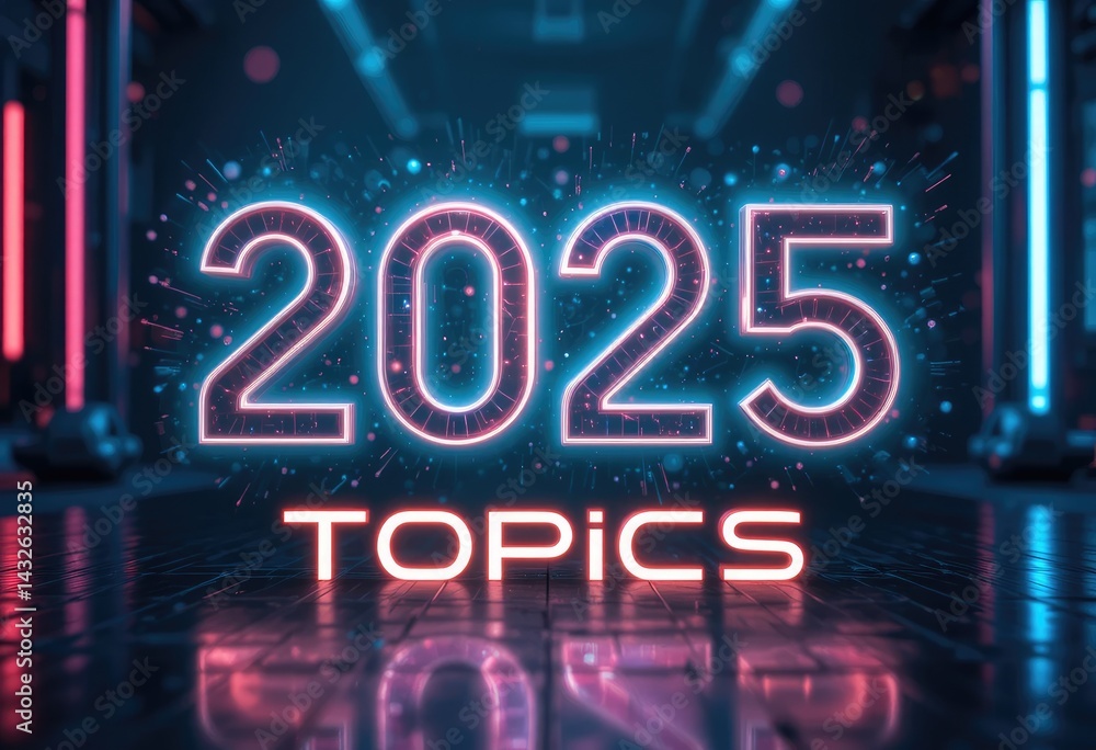 2025 Topics Neon Text on Futuristic Dark Background with Glowing Cosmic ...