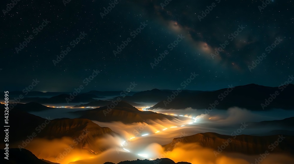 AI-Generated Image, High-quality image, Scenic night landscape featuring a glowing river flowing ...