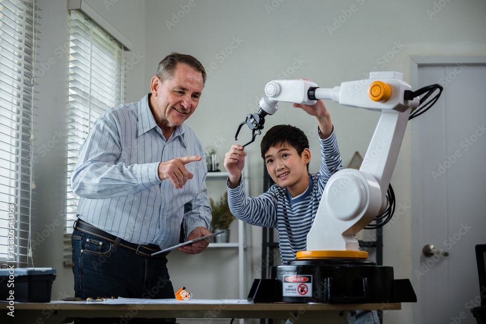 Teacher guides with young boy in programming a robotic arm at home ...