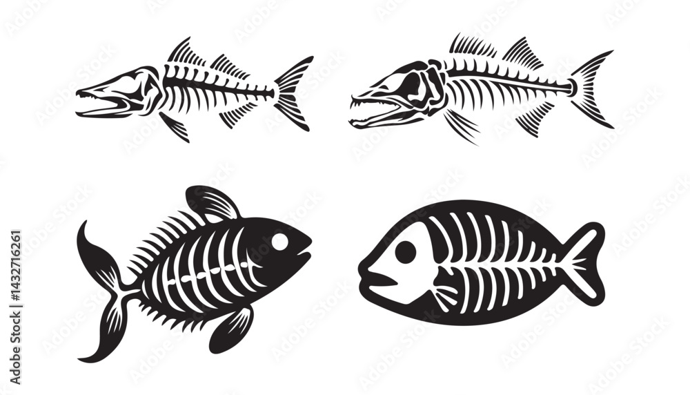 Vector de Stock Fish bone silhouette set vector art. Cartoon dead fish ...