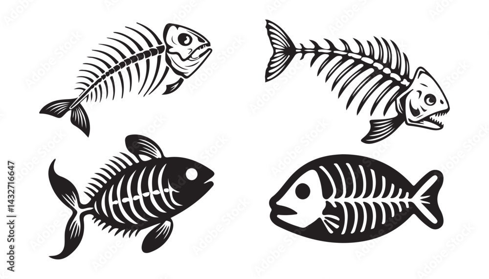 Vector de Stock Fish bone silhouette set vector art. Cartoon dead fish ...
