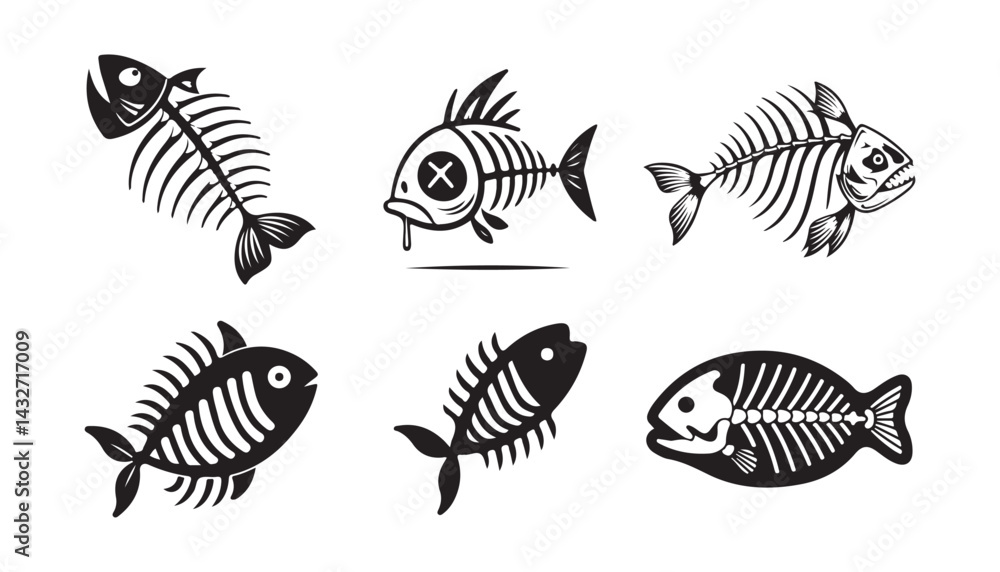 Vector de Stock Fish bone silhouette set vector art. Cartoon dead fish ...