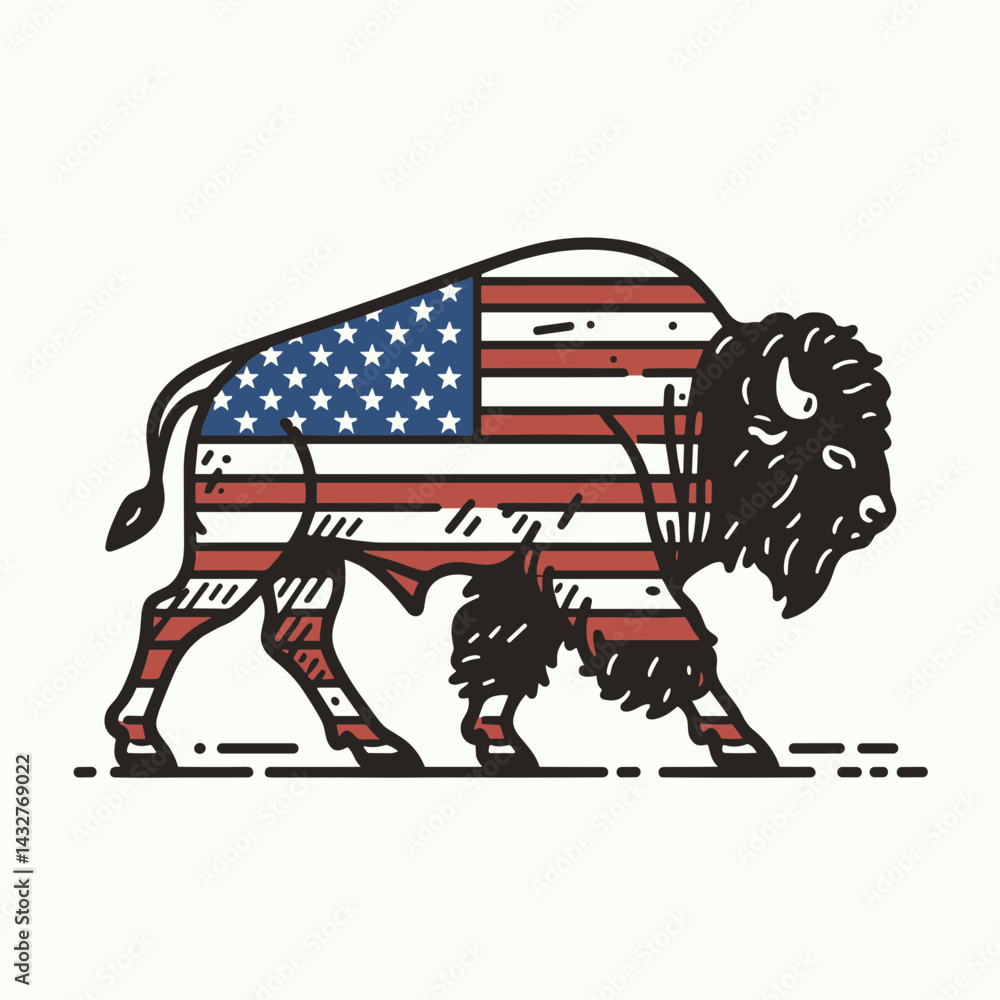 bison wear american flag Walking Hand in Hand. Funny Animal Vector Clip ...