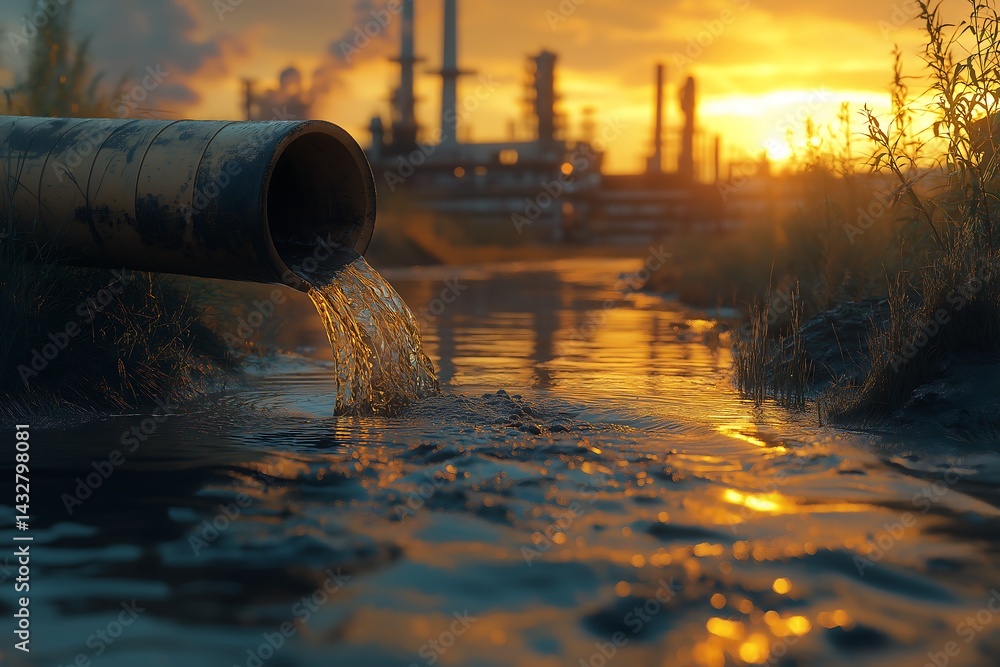 Sewage discharge from a pipe into a river. Dumping of industrial waste ...