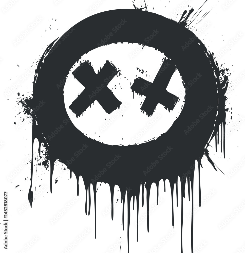 Grunge style black smiley face with crossed out eyes and paint drips in ...