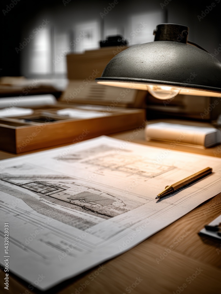 Architectural Concept Plans Illuminated By An Industrial Mining Light