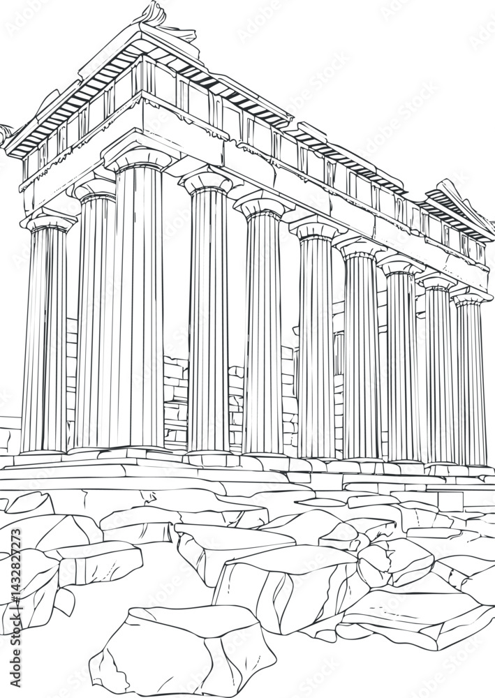 Black and white line drawing of the Parthenon ancient Greek temple with classical columns and ...