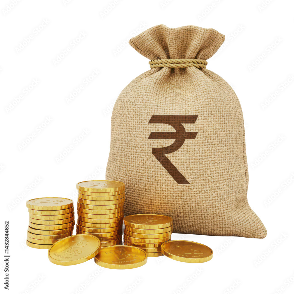 Rupee sack with gold coins around it on transparent background Stock ...