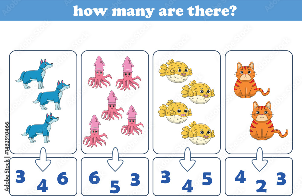 Counting game of wild animals for preschool kids. Printable. Vector ...