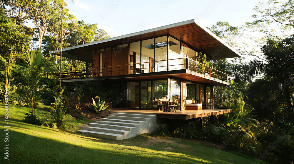 elevated modern house with cement steps and warm sunlight touching ...