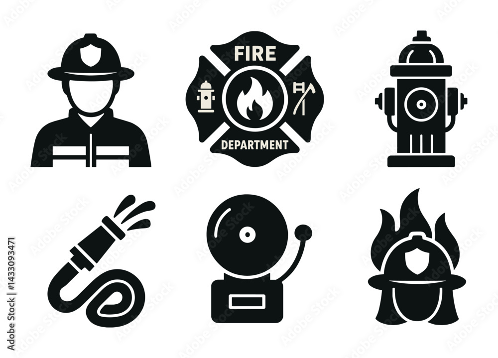 Firefighting safety solid icon set – flat style emergency, rescue, and ...