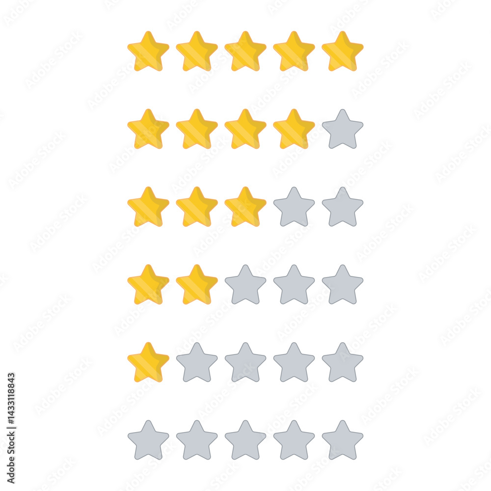 Star rating set from 0 to 5 stars. Gold and silver tones, ready for ...
