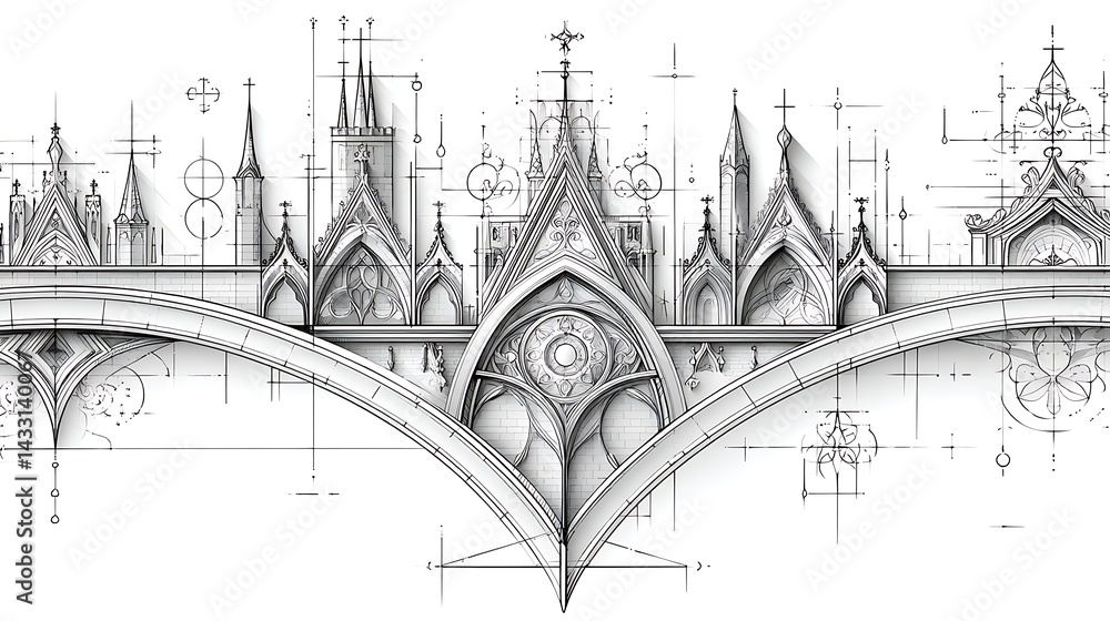 Gothic Architecture Bridge Blueprint Detailed Sketch of Medieval Bridge ...