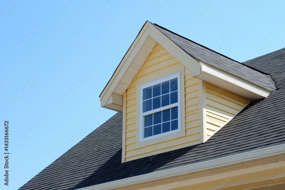House Exterior. Roof Window. Second floor among blue sky. Mansard attic ...