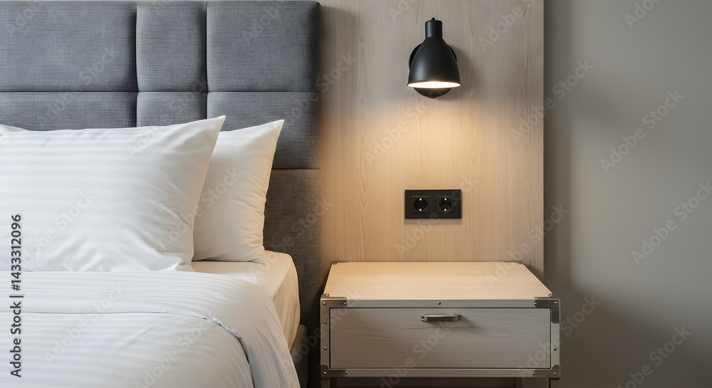 AI image highlights a modern hotel bedside area featuring a grey ...