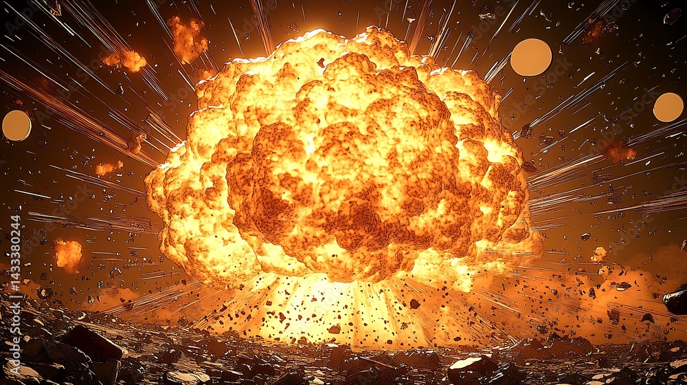 Massive explosion, fiery destruction, chaotic scene, possible use in ...