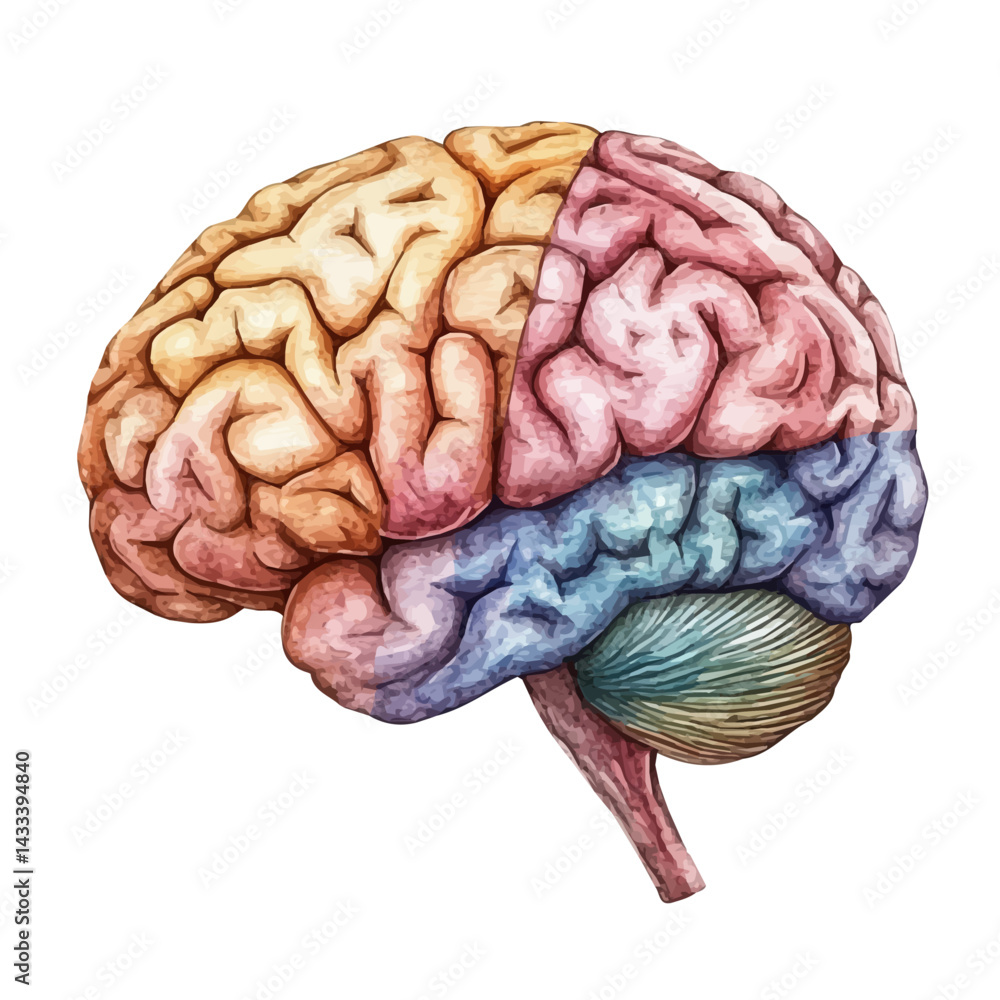 Human Brain With Labeled Lobes, vector watercolor illustration ...