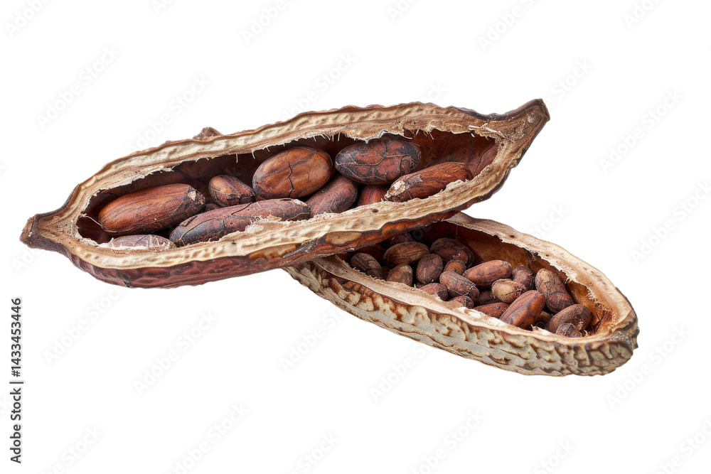 Cacao pods split open revealing cacao beans and seeds inside in a ...