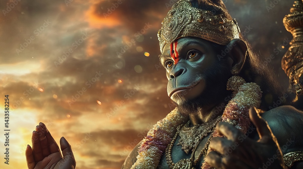 Majestic Hanuman God Powerful Monkey King Hindu Mythology Digital Art ...