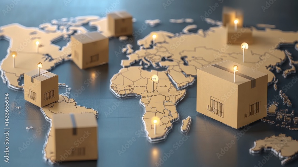 A digital map showcases cardboard boxes with lights, symbolizing global ...