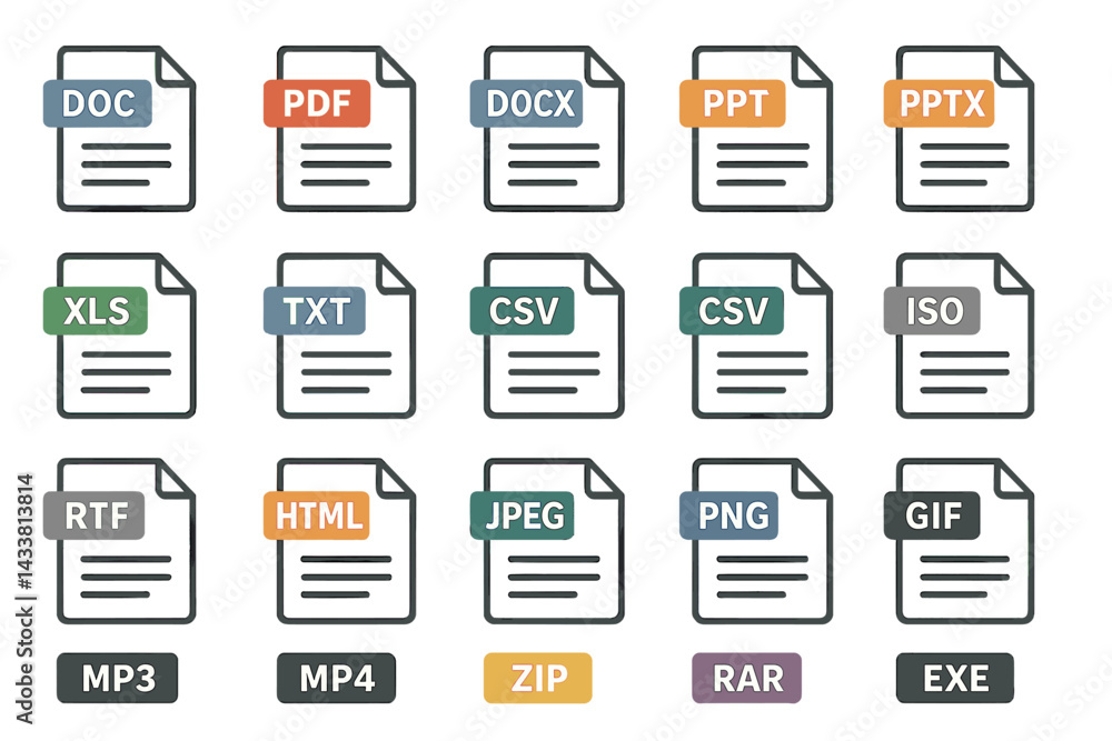 Document file format icons showcasing various types including DOC, PDF ...